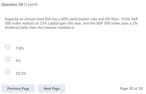 Solved Question 28 (1 point) Suppose an annual reset EIA has | Chegg.com