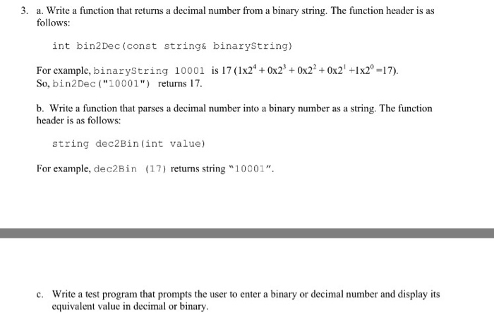 Solved Write a function that returns a decimal number from a | Chegg.com