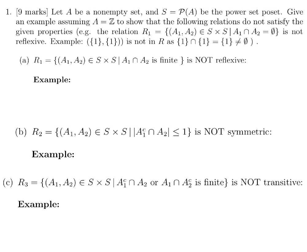 Solved 1. (9 marks) Let A be a nonempty set, and S = P(A) be | Chegg.com