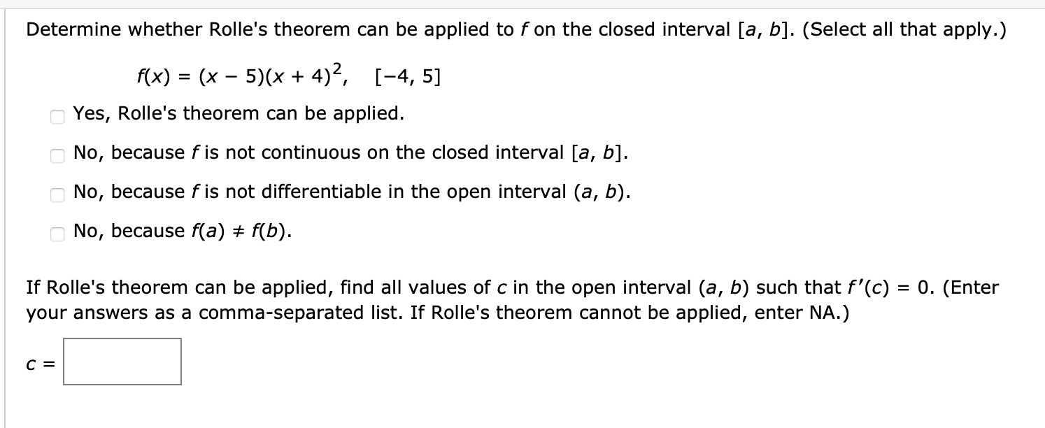 Solved If Rolle's theorem can be applied, find all values of | Chegg.com