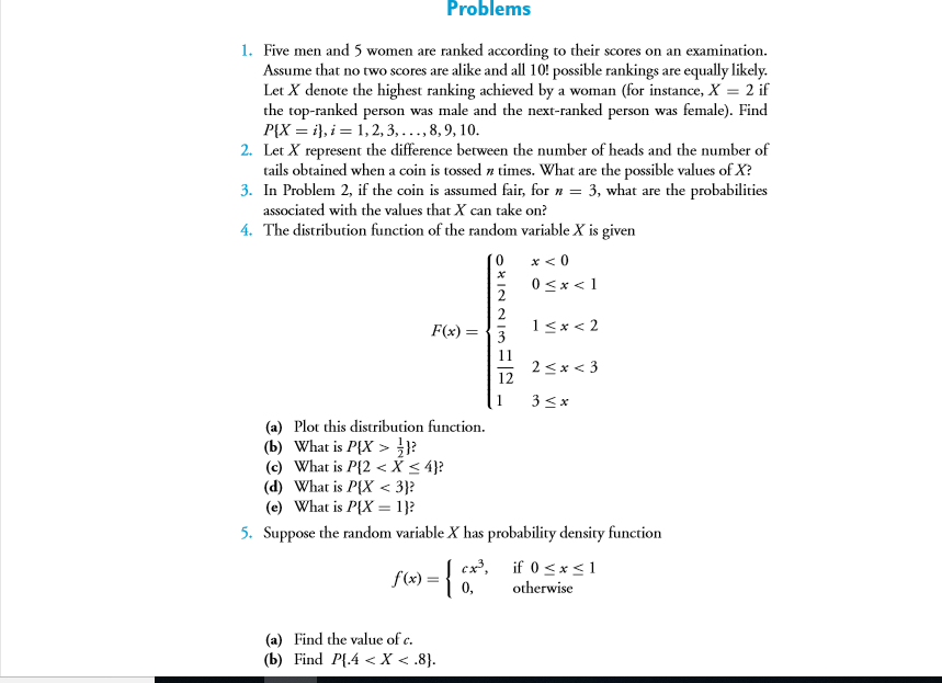 Solved Problems 1. Five men and 5 women are ranked according | Chegg.com