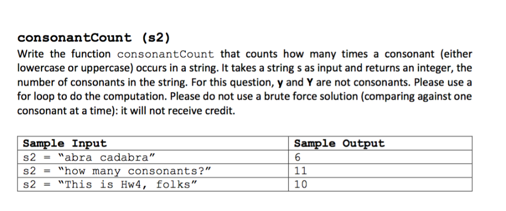 Solved consonantCount (s2) Write the function consonantCount | Chegg.com
