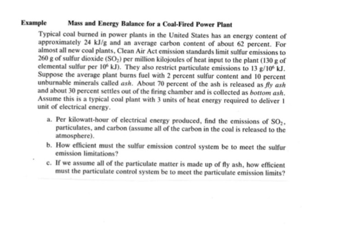 Solved Example Mass and Energy Balance for a Coal-Fired | Chegg.com