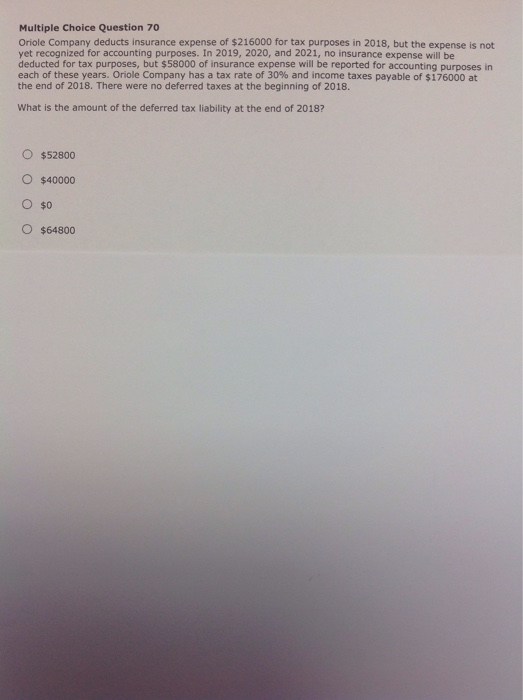 Solved Multiple Choice Question 70 Oriole Company deducts | Chegg.com
