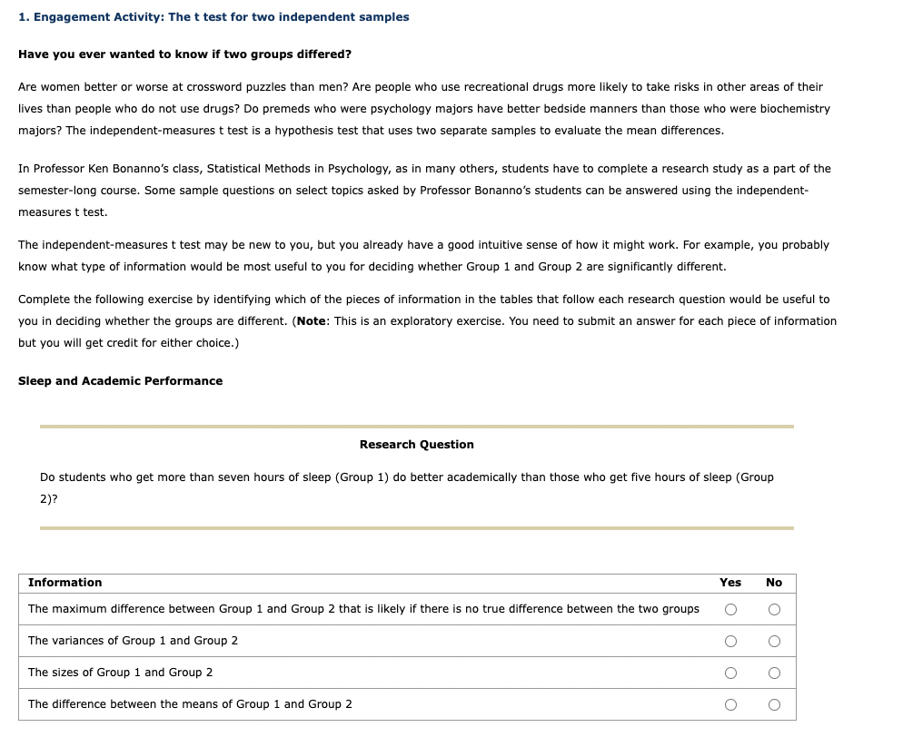Solved 1. Engagement Activity: The t test for two | Chegg.com