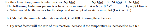 Solved 1. For the elementary, unimolecular process: N2O(g) | Chegg.com