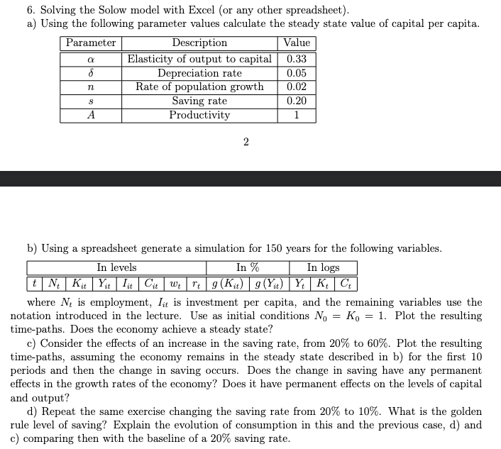 Solved 6. ﻿Solving the Solow model with Excel (or any other | Chegg.com