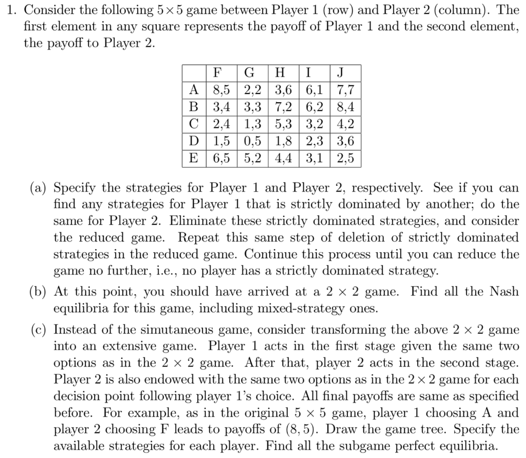 1. Consider the following 5 x 5 game between Player 1 | Chegg.com