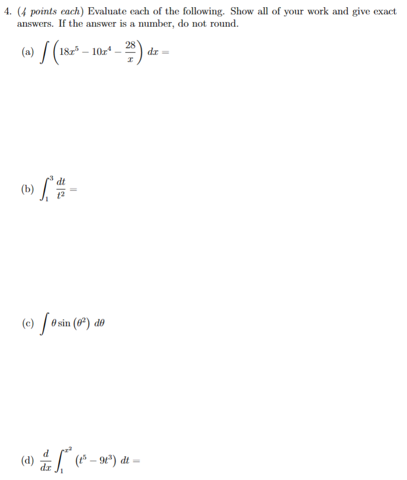 Solved 4. (4 points each) Evaluate each of the following. | Chegg.com