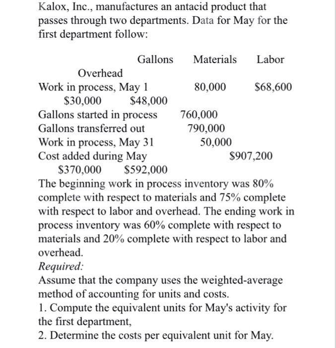 Solved Kalox, Inc., manufactures an antacid product that | Chegg.com