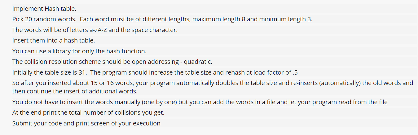 Solved Implement Hash Table Pick 20 Random Words Each Word 