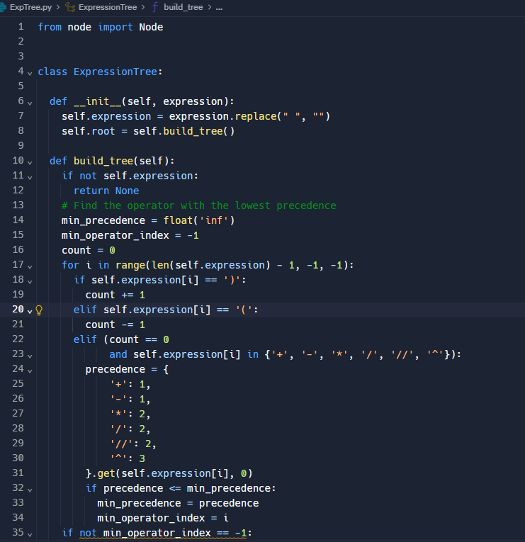 Solved ExpTree.py > \& ExpressionTree > f build_tree > ... | Chegg.com