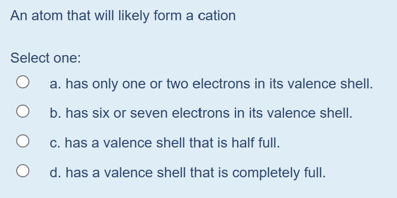 Solved An atom that will likely form a cationSelect one:a. | Chegg.com