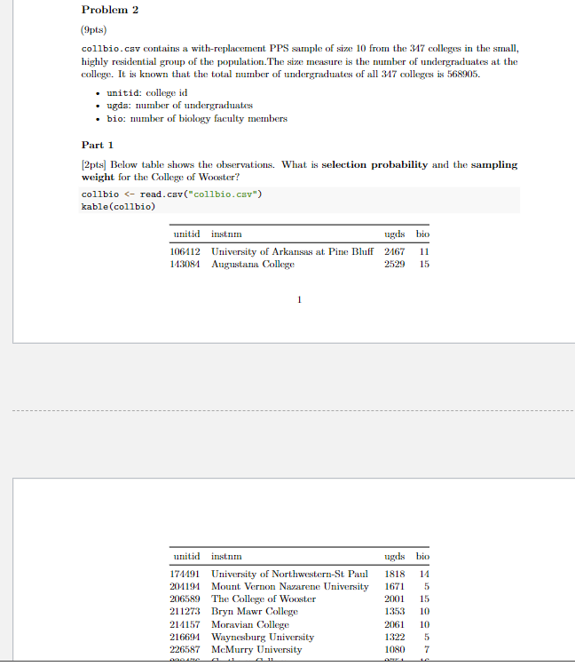 Problem 2 (9pts) collbio. csv contains a | Chegg.com