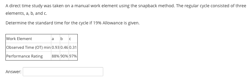 Solved A direct time study was taken on a manual work | Chegg.com