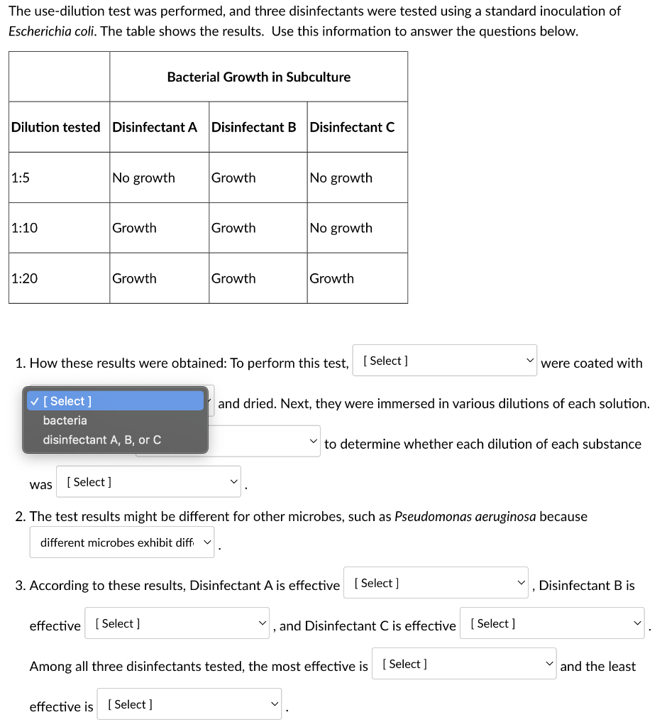 The use-dilution test was performed, and three | Chegg.com