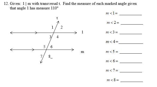 Solved 2. Given: 1∥m with transversal t. Find the measure of | Chegg.com