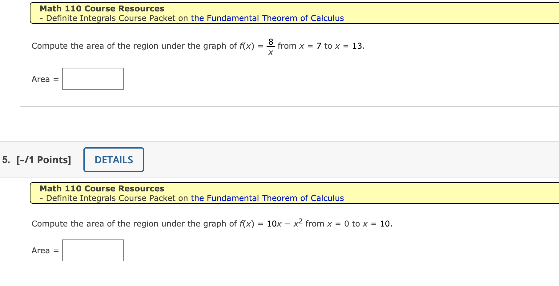 Solved Math 110 Course Resources - Definite Integrals Course | Chegg.com