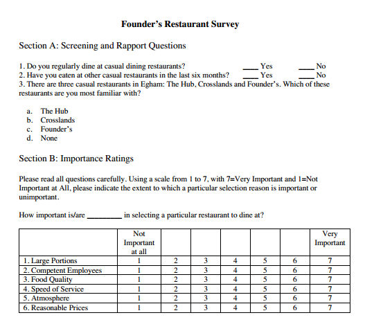 Founder's Restaurant Survey Section A: Screening and | Chegg.com