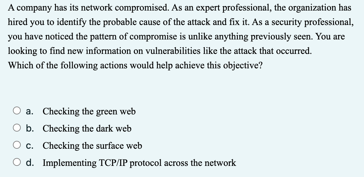 Solved A company has its network compromised. As an expert | Chegg.com