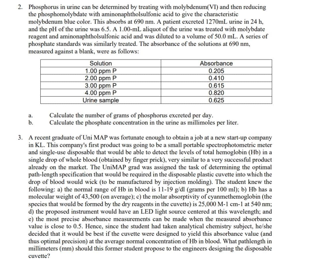 Solved 2. Phosphorus in urine can be determined by treating | Chegg.com