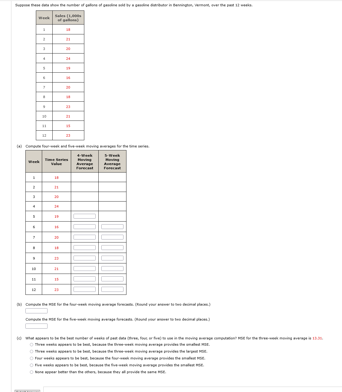 Solved (a) Compute four-week and five-week moving averages | Chegg.com