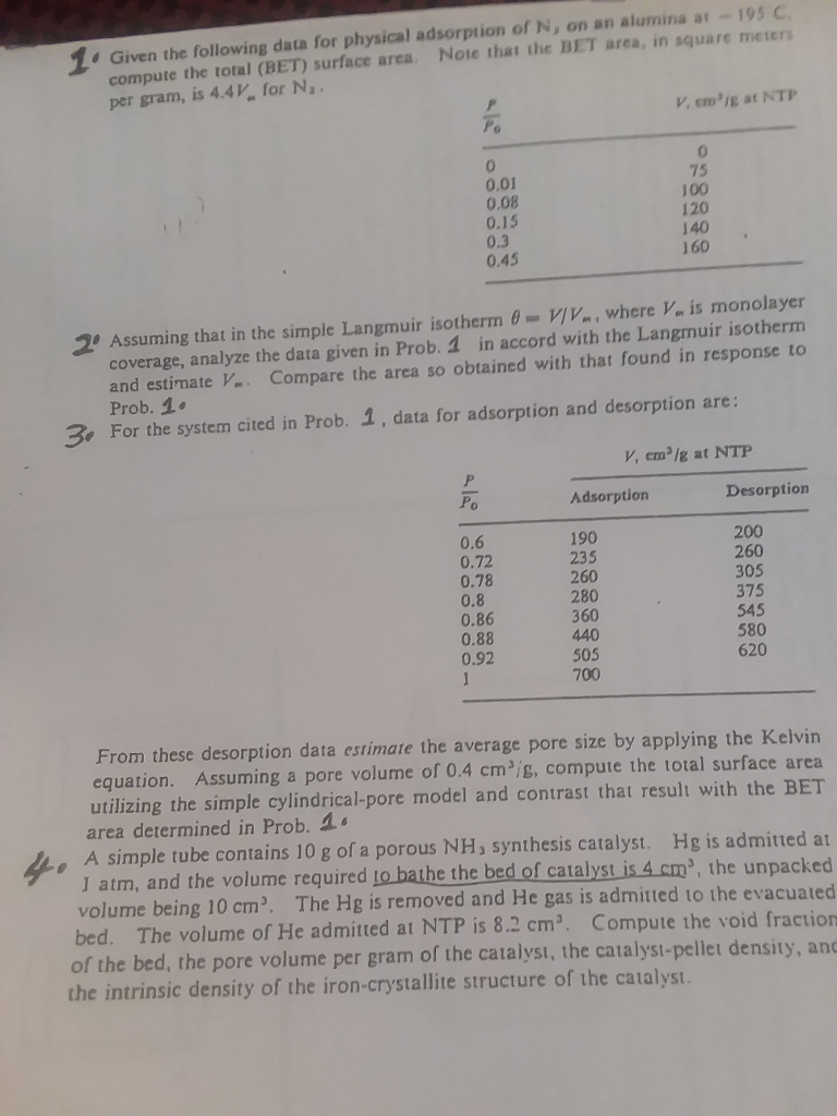 1 Given the following data for physical adsorption of | Chegg.com