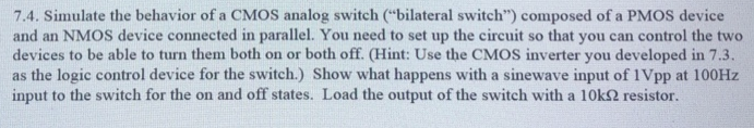 7.4. Simulate the behavior of a CMOS analog switch | Chegg.com