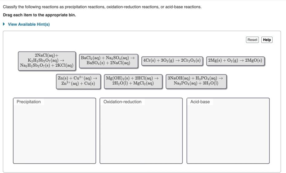 Solved Classify the following reactions as precipitation | Chegg.com