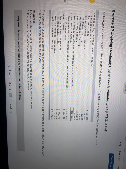 Solved Help Save & Exit Sub Exercise 3-7 Applying Overhead; | Chegg.com