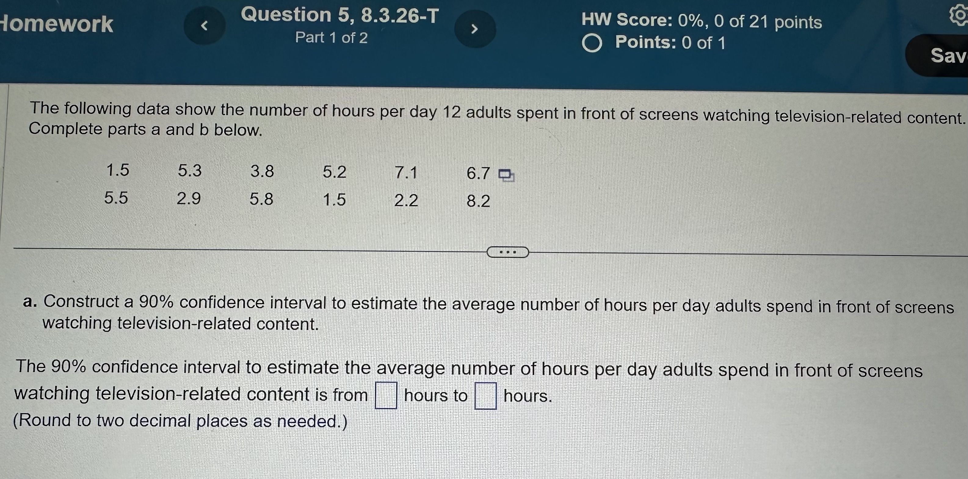 Solved The following data show the number of hours per day | Chegg.com