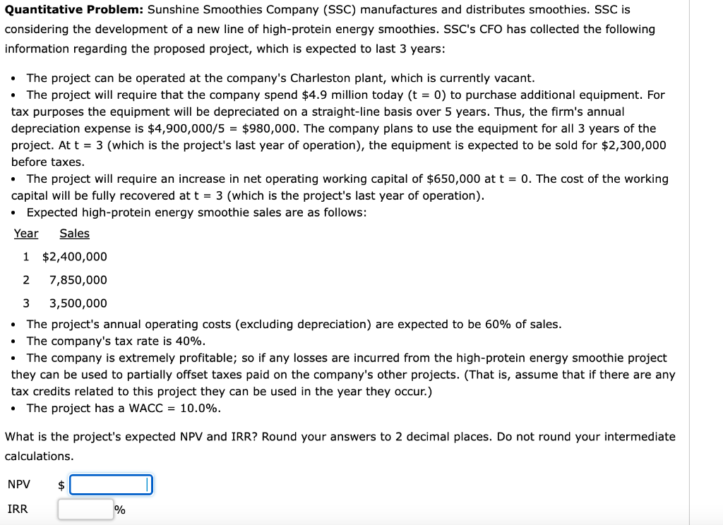 Solved Quantitative Problem: Sunshine Smoothies Company | Chegg.com