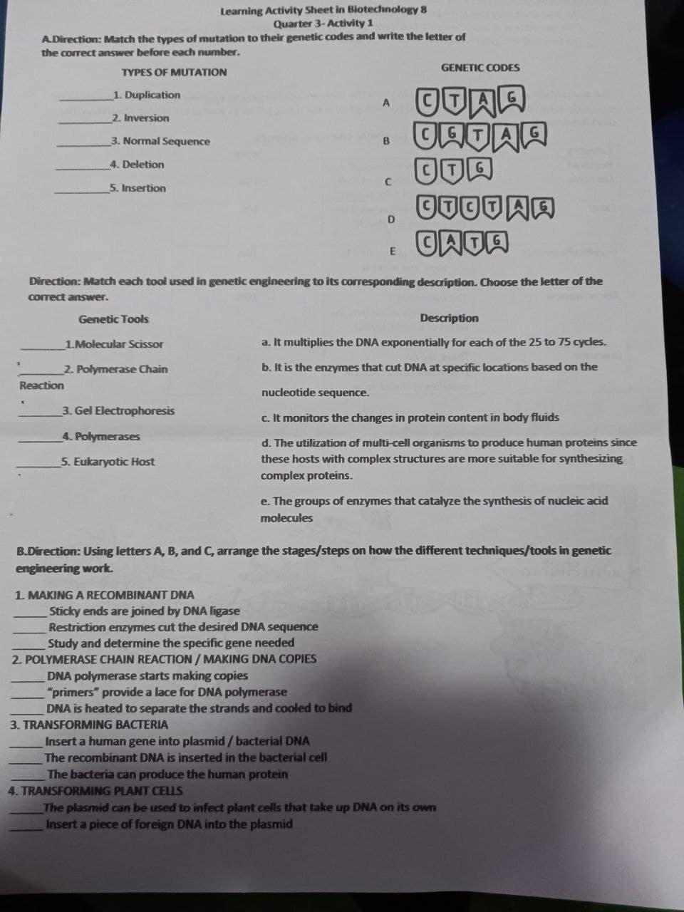 Solved Learning Activity Sheet in Biotechnology 8 Quarter 3- | Chegg.com