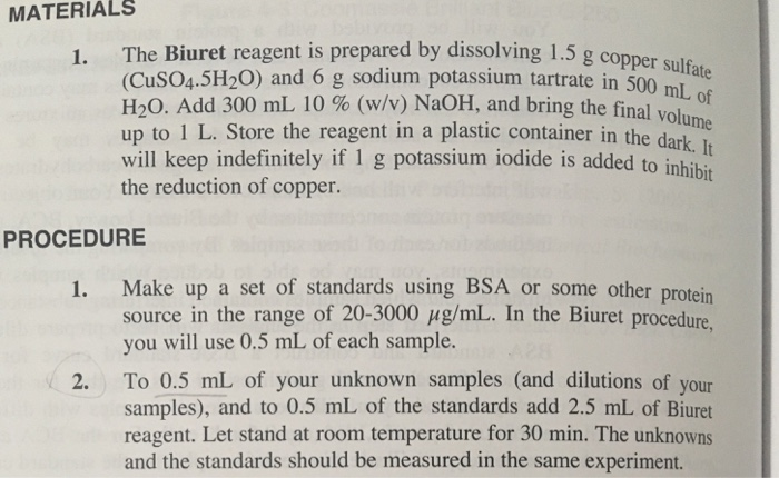 Solved MATERIALS 1. The Biuret reagent is prepared by | Chegg.com