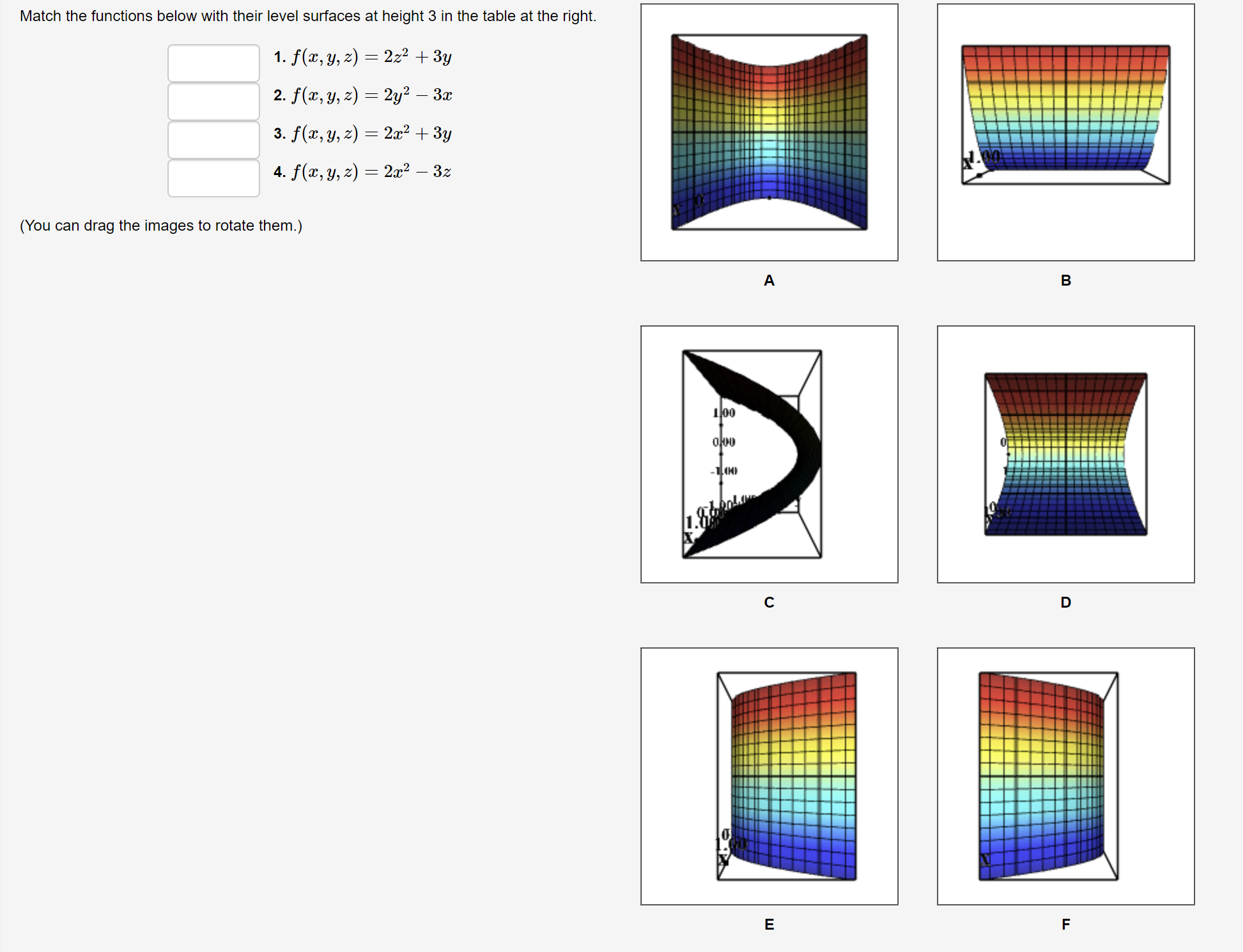 Solved Match the functions below with their level surfaces | Chegg.com