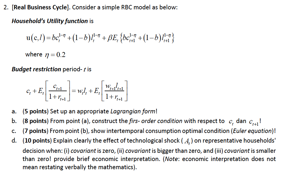 2. [Real Business Cycle]. Consider a simple RBC model | Chegg.com