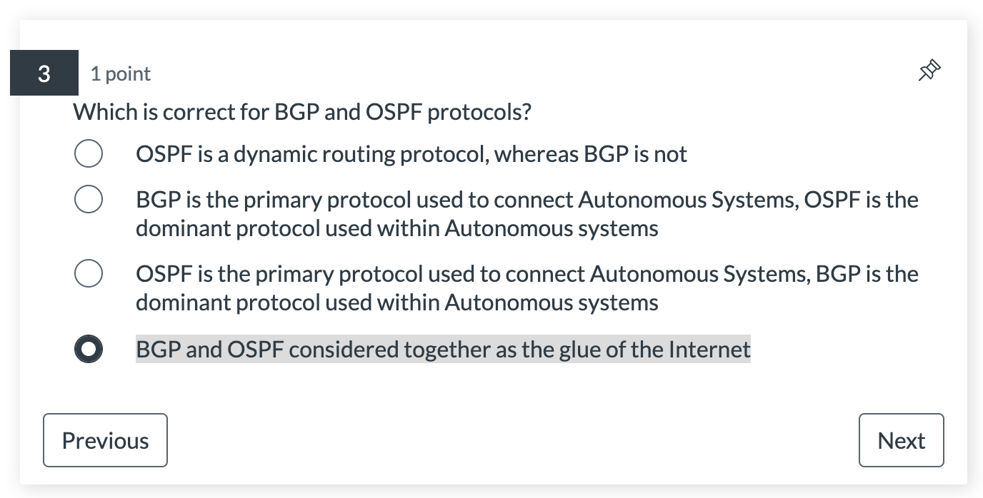 Solved 1 point Which is correct for BGP and OSPF protocols? | Chegg.com