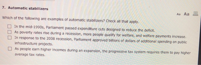 Solved 7. Automatic stabilizers Aa Aa Which of the following | Chegg.com
