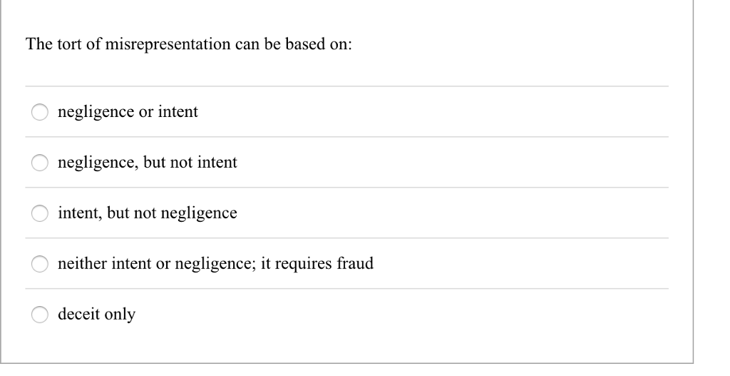 Solved The tort of misrepresentation can be based on: | Chegg.com