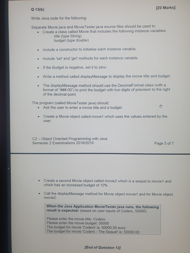 Solved Q 13(b) [20 Marks] Write Java code for the following: | Chegg.com