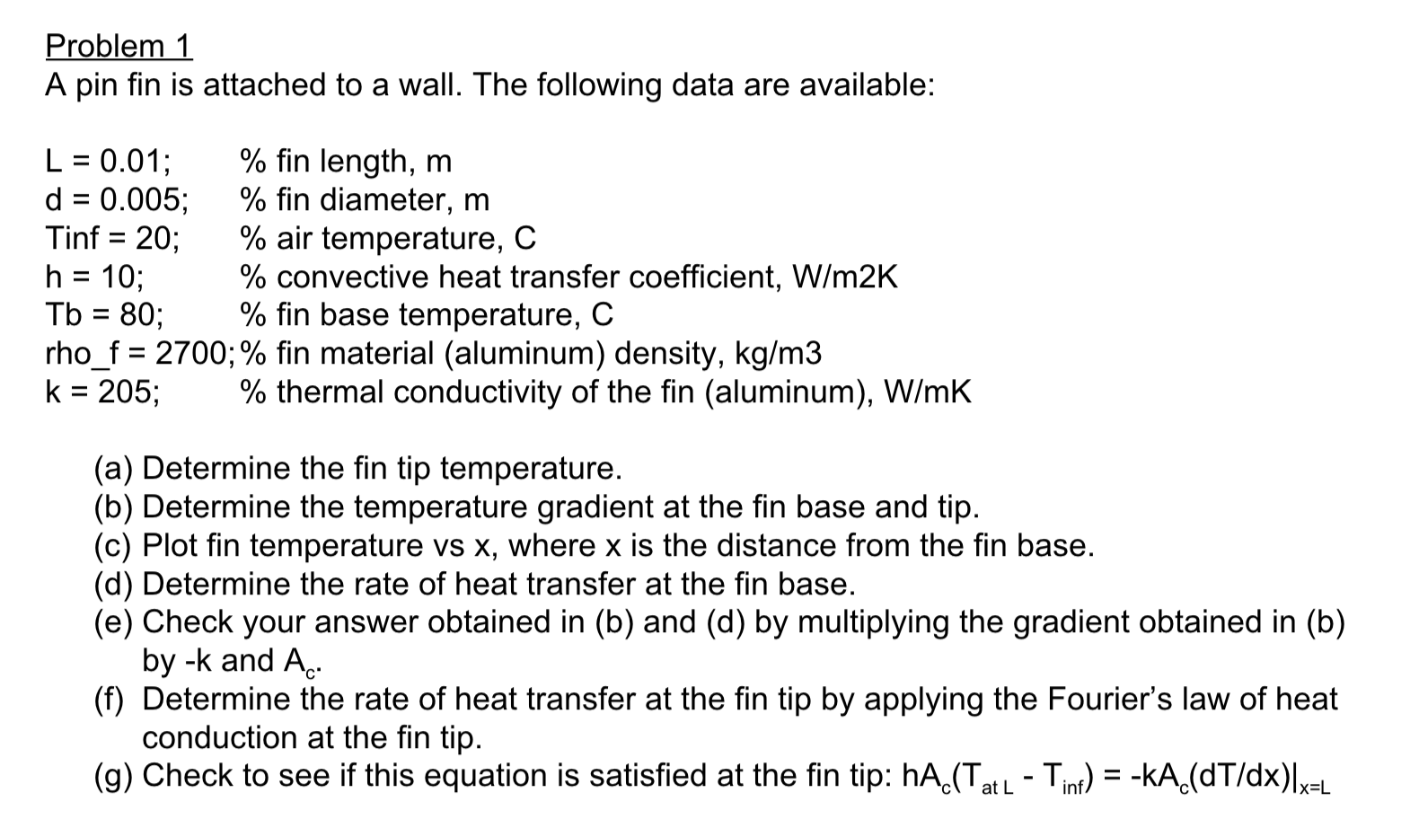 Solved A pin fin is attached to a wall. The following data | Chegg.com