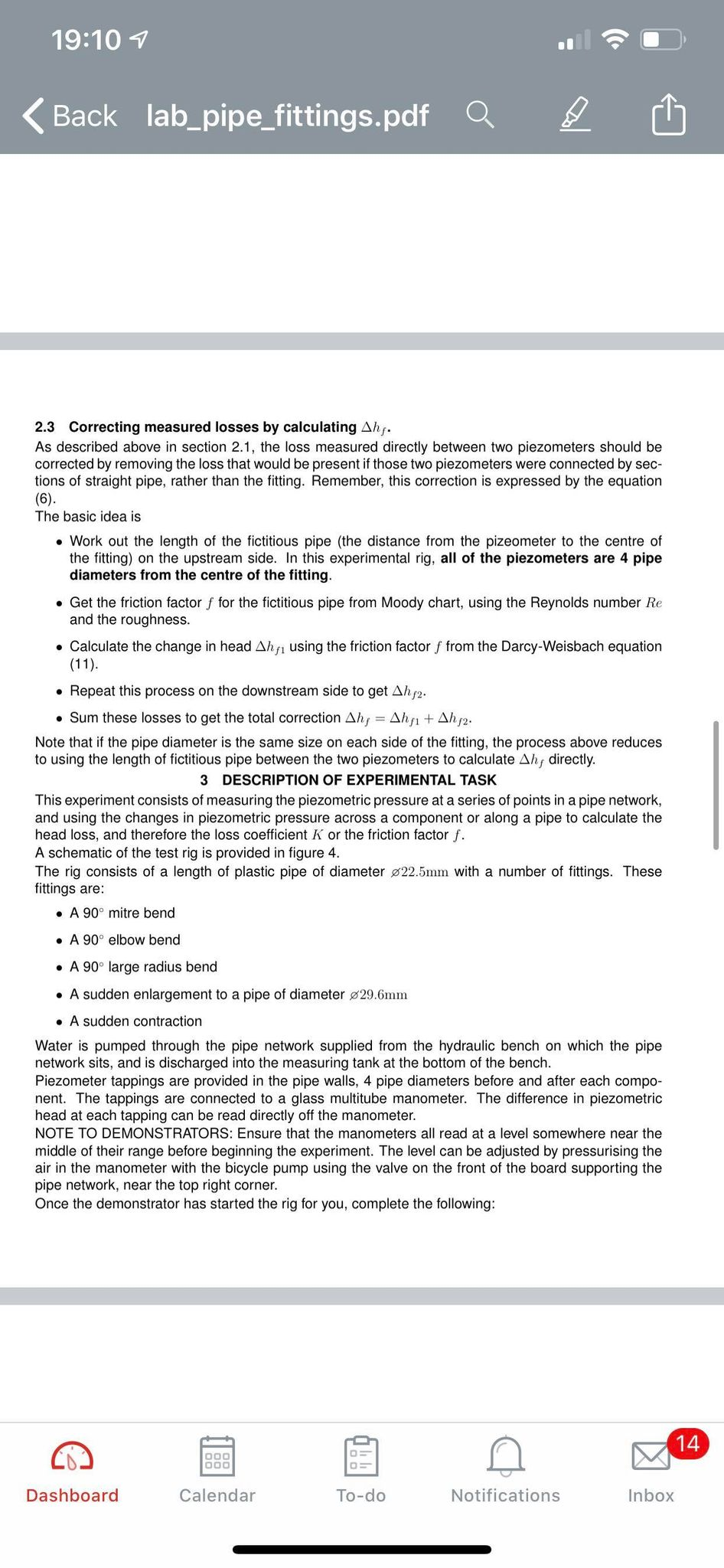 Solved 19:09 1 Back lab_pipe_fittings.pdf a MEE20003 FLUID | Chegg.com