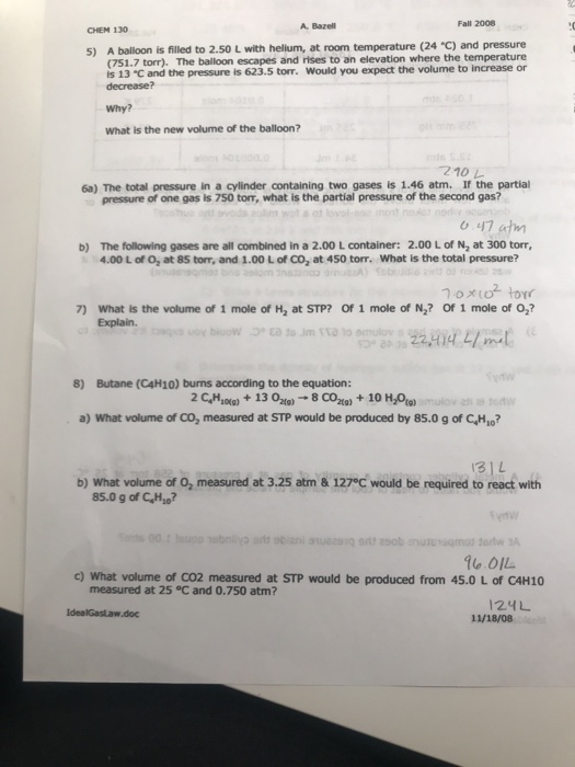Solved CHEM 130 A. Bazell Fall 2008 Ideal Gas Law 1) | Chegg.com