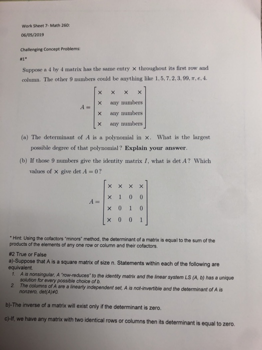 Solved Work Sheet 7- Math 260: 06/05/2019 Challenging | Chegg.com