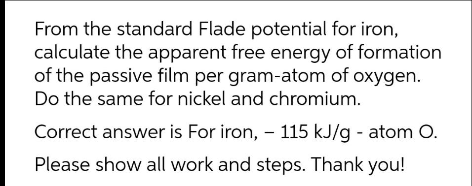 Solved From the standard Flade potential for iron, calculate | Chegg.com