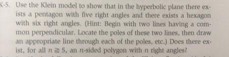 Solved 5. Use the Klein model to show that in the hyperbolic | Chegg.com