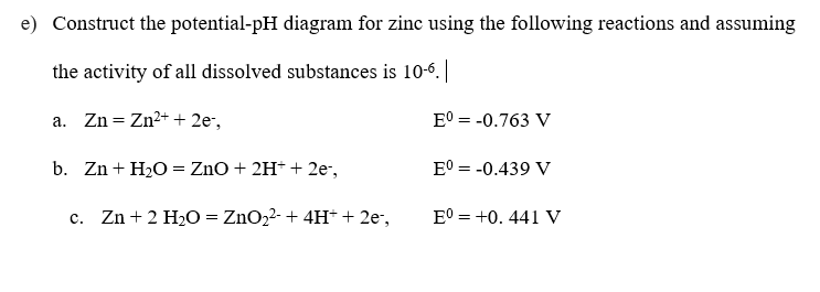 Solved e) Construct the potential-pH diagram for zinc using | Chegg.com