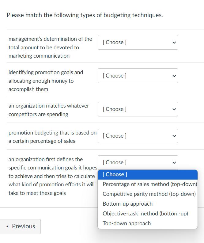 Solved Please match the following types of budgeting | Chegg.com