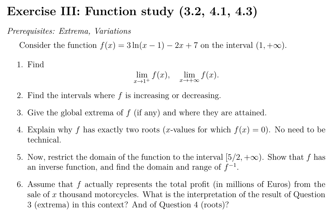 Solved Exercise III: Function study | Chegg.com