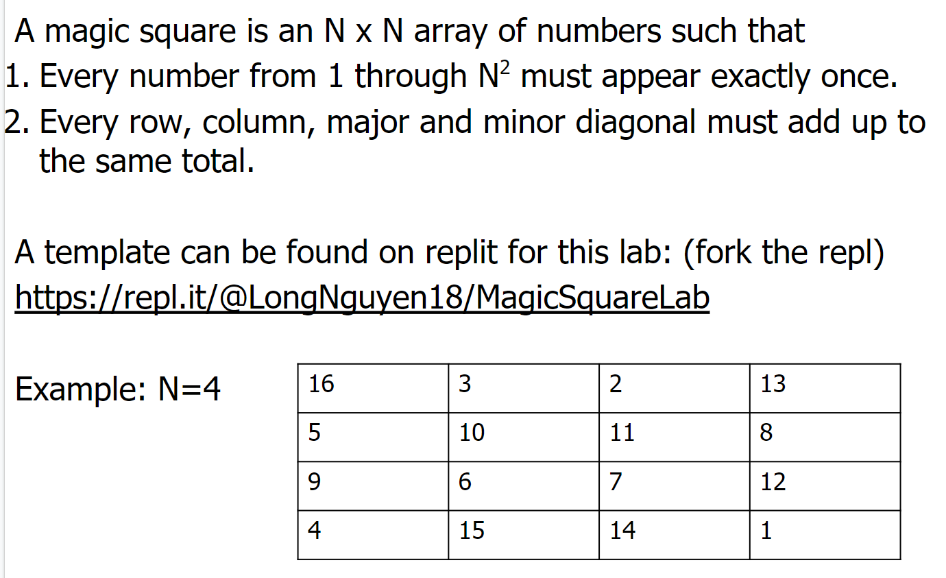 Solved A magic square is an Nx N array of numbers such that | Chegg.com